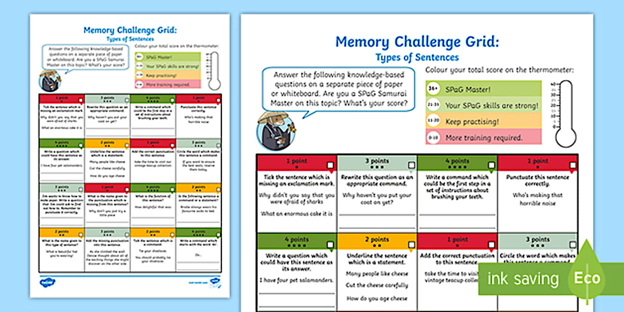 Year 6 SPaG Retrieval Working Memory Challenge Grid: Types of Sentences