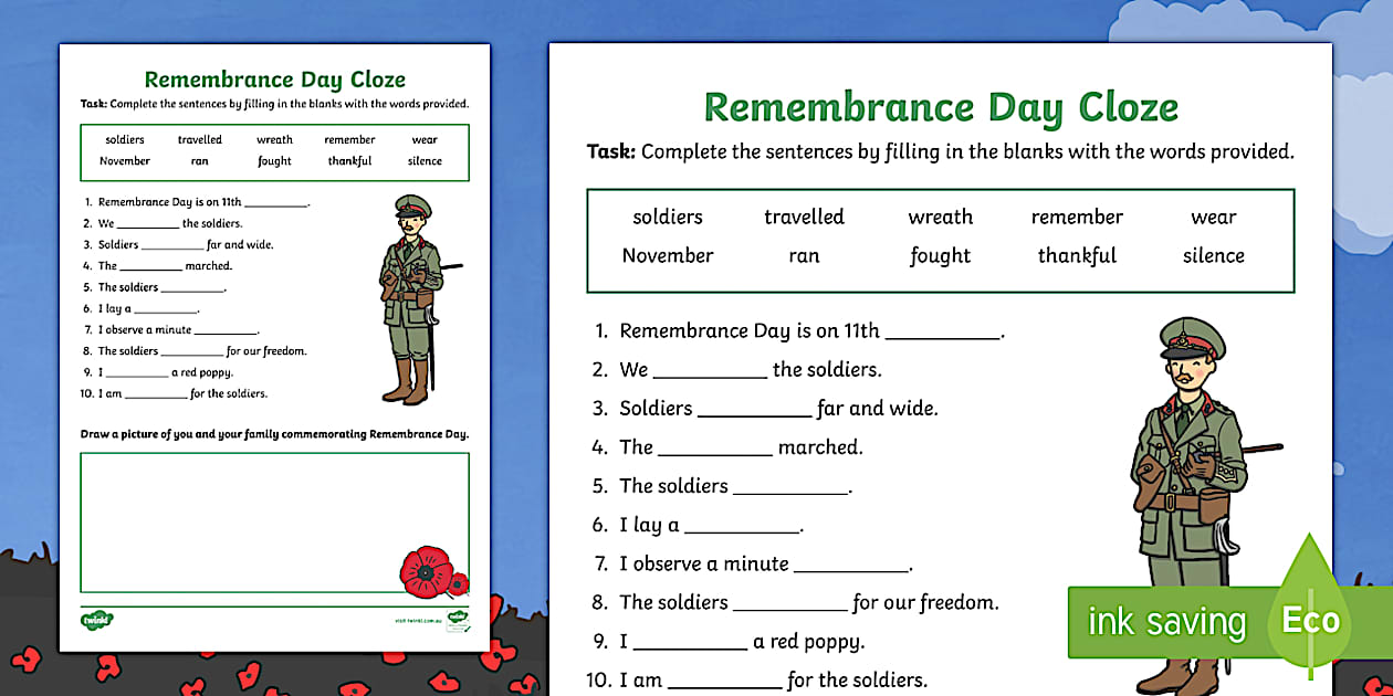 Remembrance Day Cloze Worksheet (teacher made) - Twinkl