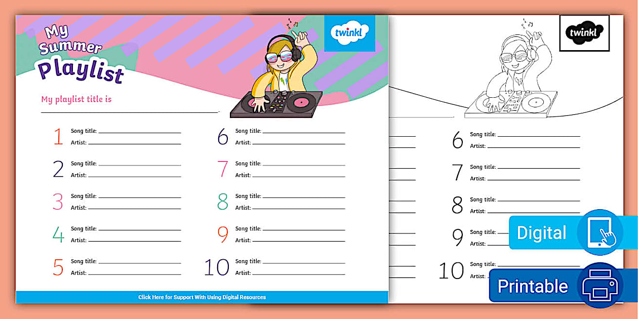 Summer Playlist Worksheet for 3rd-5th Grade (teacher made)