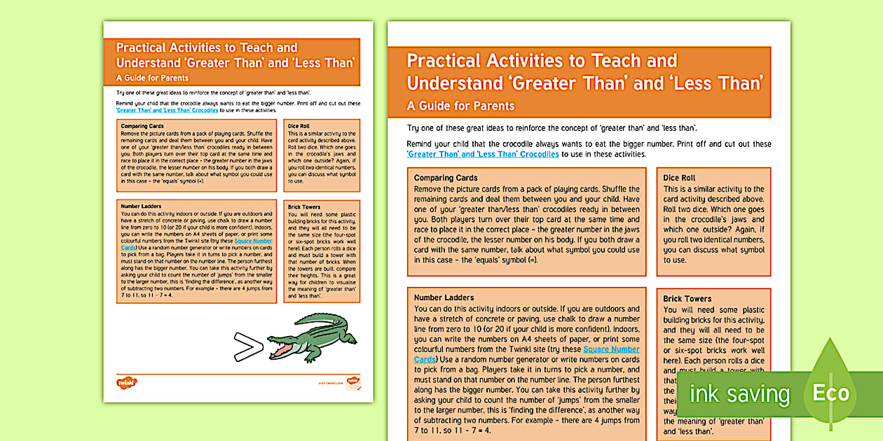 ‘Greater Than’ and ‘Less Than’ Activities Parent Guide