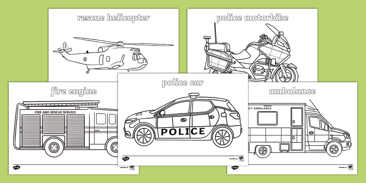 Emergency Vehicles Picture and Word Colouring Sheets
