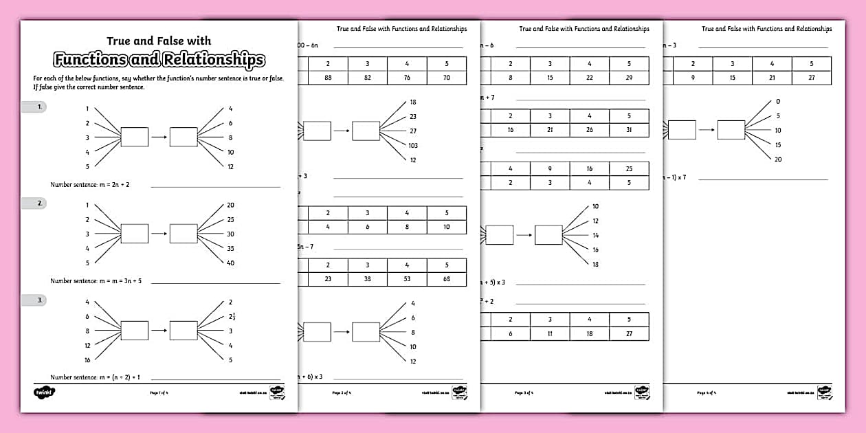 True and False with Functions and Relationships Activity Sheet