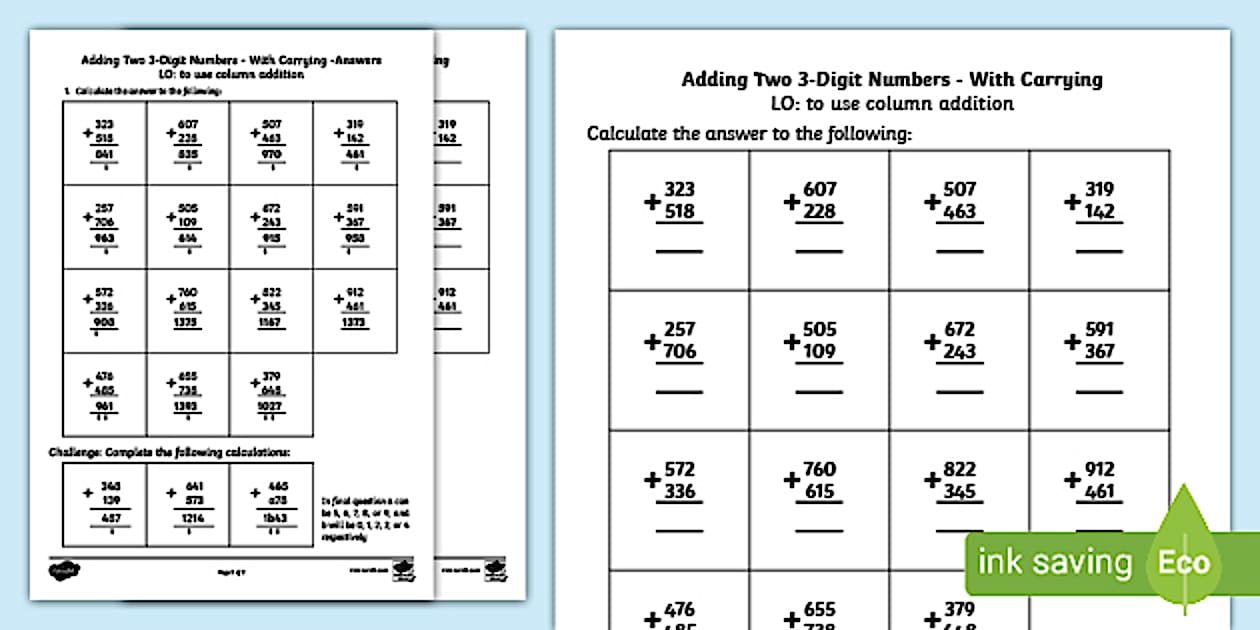 Editable Adding Two 3-Digit Numbers in a Column with Carrying Answers