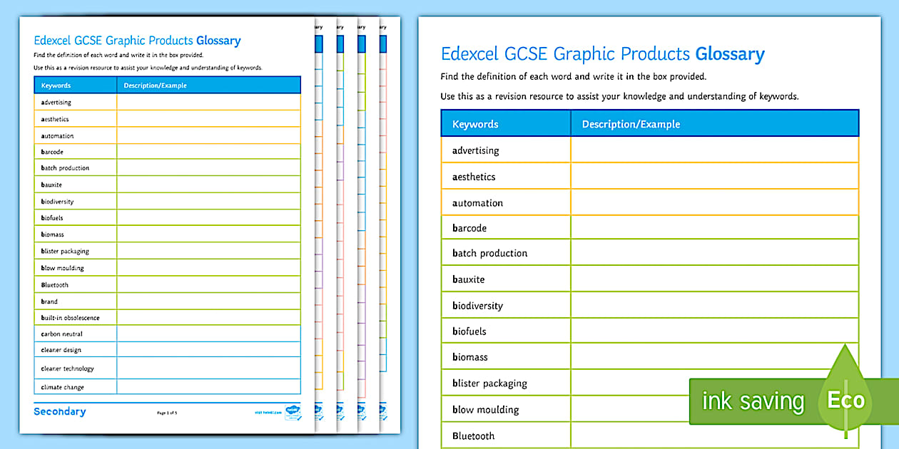 Edexcel GCSE (Legacy Specification) Graphics Glossary Activity