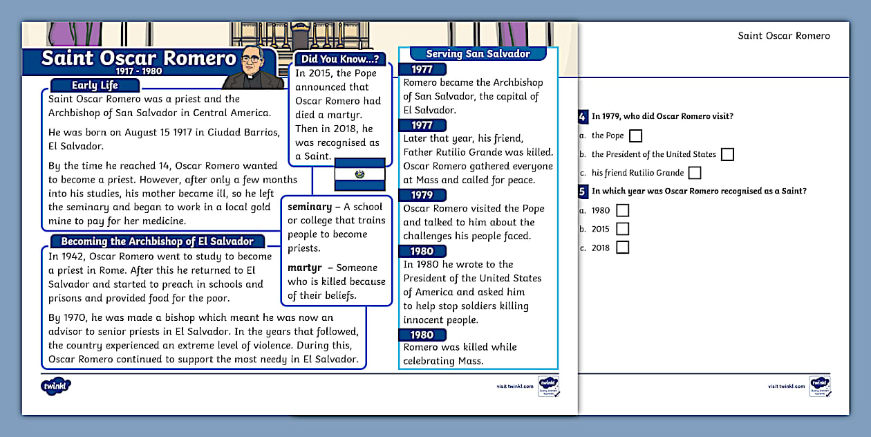 KS1 Oscar Romero Fact File and Quiz (teacher made) - Twinkl