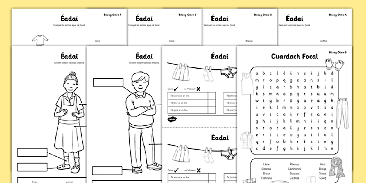 Editable Clothes Worksheet Pack Gaeilge - Twinkl