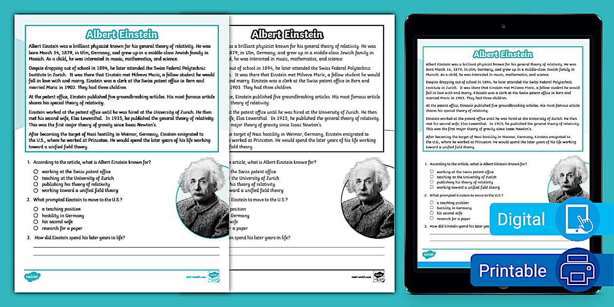 Fifth Grade Albert Einstein Reading Comprehension Worksheet