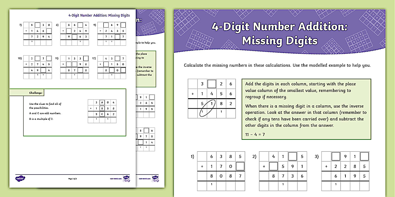 4 Digit Missing Number Addition Worksheet / Worksheet
