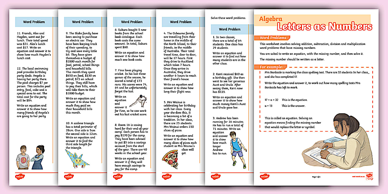 Letters as Numbers Word Questions Algebra Level 3 Worksheet