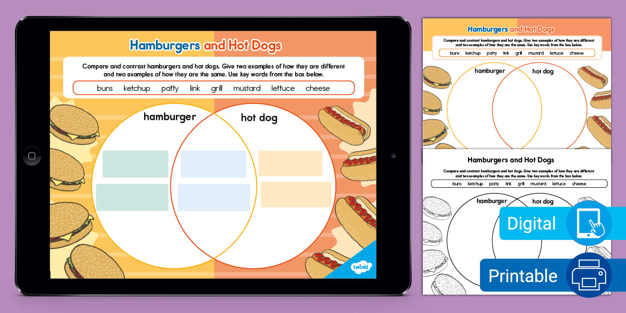 Compare and Contrast Writing Worksheet for ELL: Hamburgers and Hot Dogs