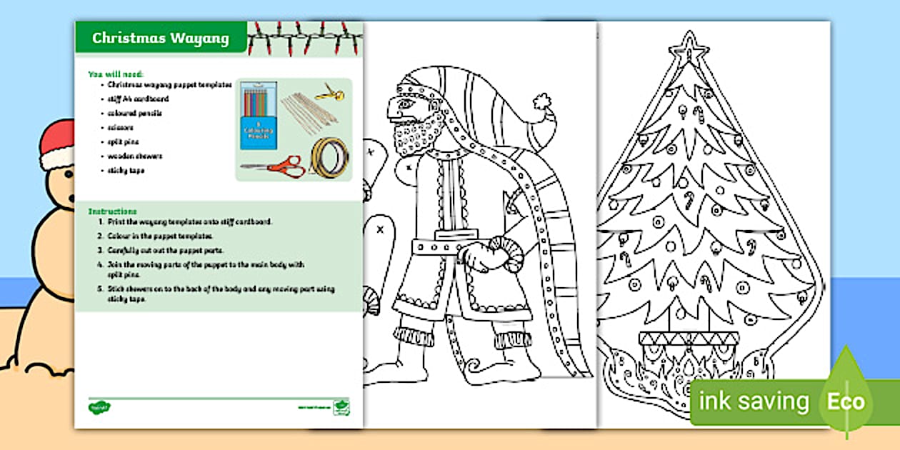 Indonesian Christmas Wayang Puppets Santa, Reindeer and Tree