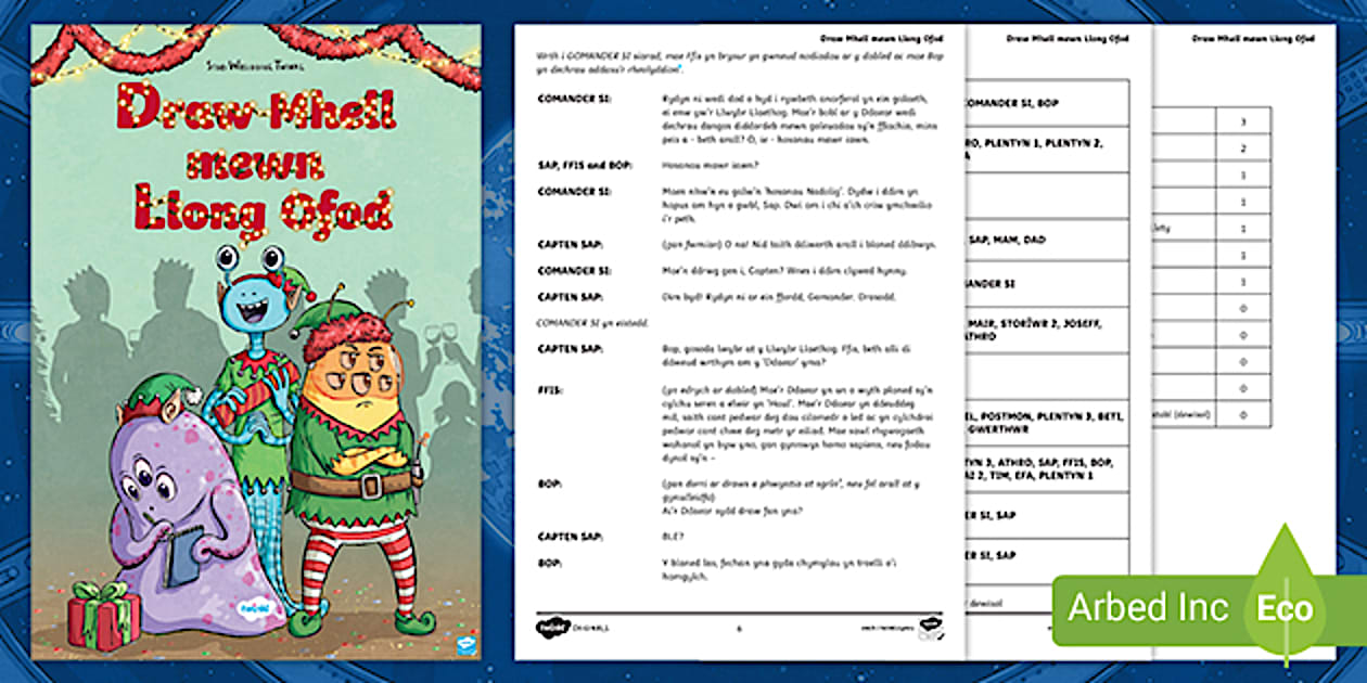 Editable Draw Mhell mewn Llong Ofod: Cynhyrchiad Nadolig: