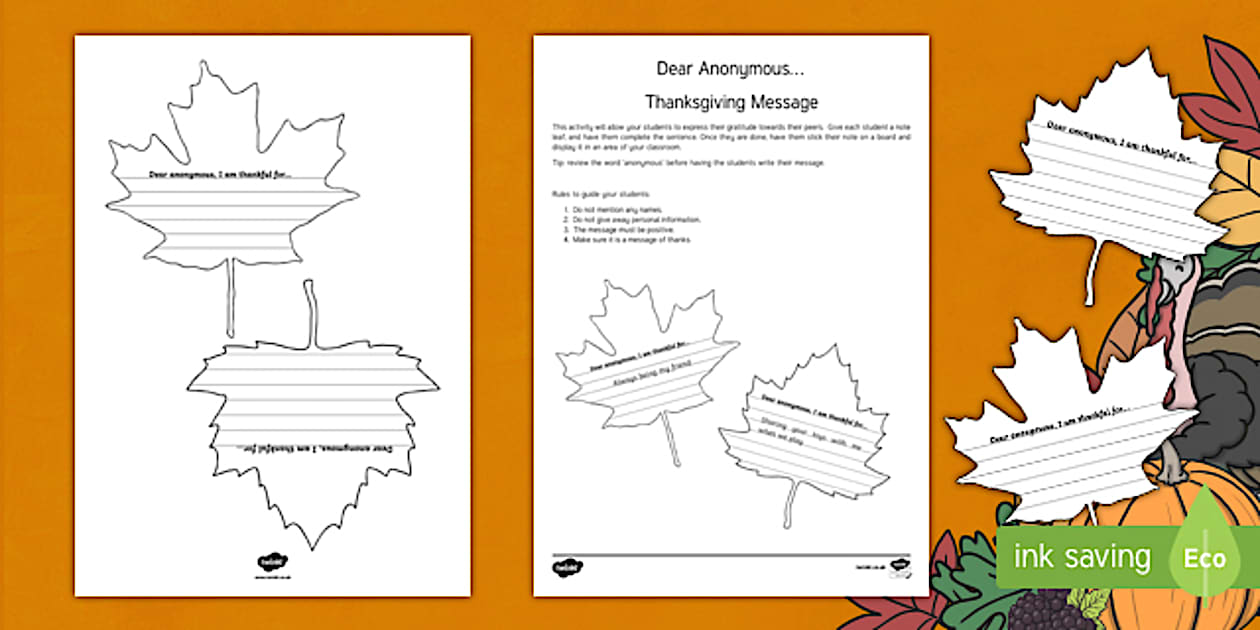 Editable Dear Anonymous Thanksgiving Message Activity