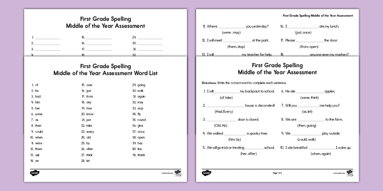 First Grade Middle of the Year Spelling Assessment - Twinkl