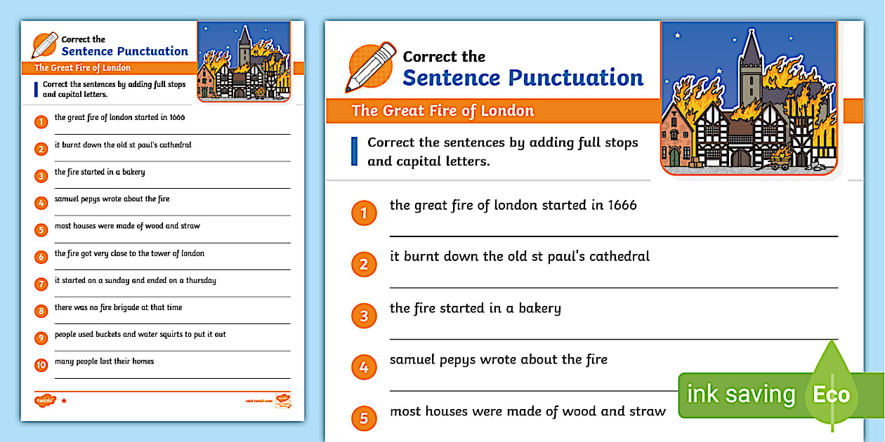 Great Fire of London Punctuation Activity - KS1 - Twinkl