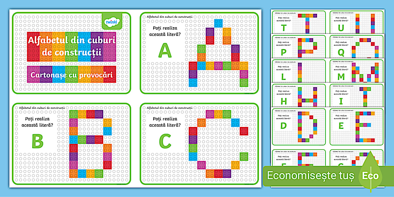 Alfabetul din cuburi de construcții – Cartonașe cu provocări