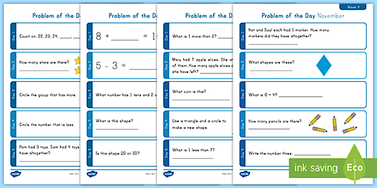Kindergarten Math Problem of the Day - November Worksheet