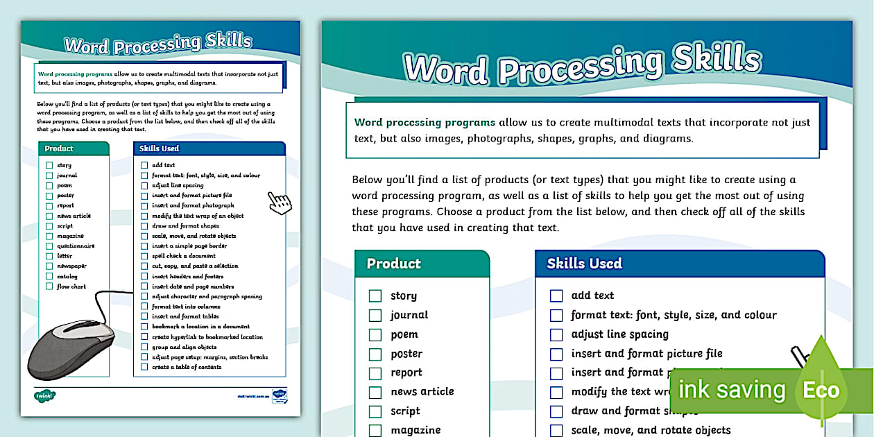 Using Word Processing Programs Skills Checklist - Twinkl