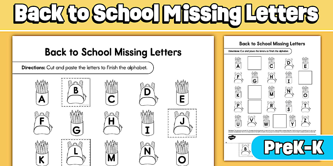 Back to School Missing Letters Cut and Paste Worksheet