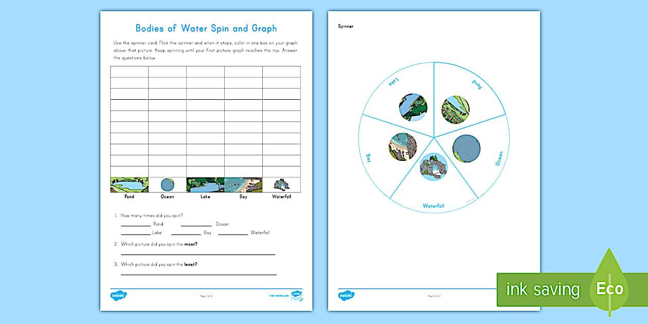 Second Grade Bodies of Water Spin and Graph Worksheet