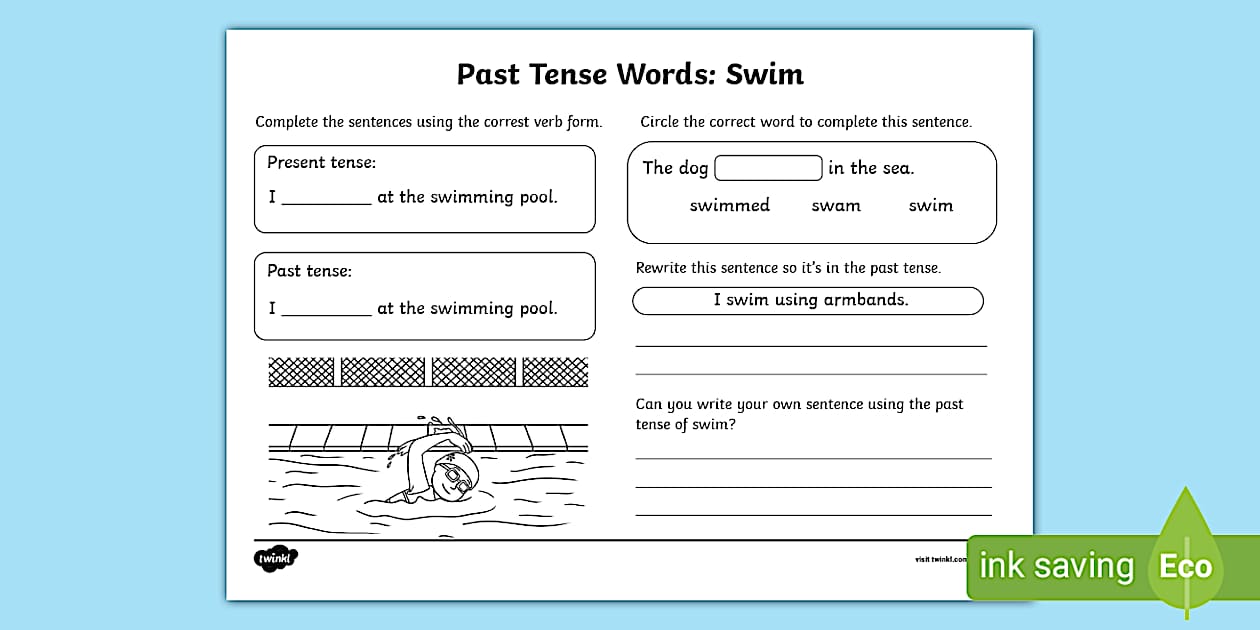 Past Tense Words - Swim Worksheet (teacher made) - Twinkl