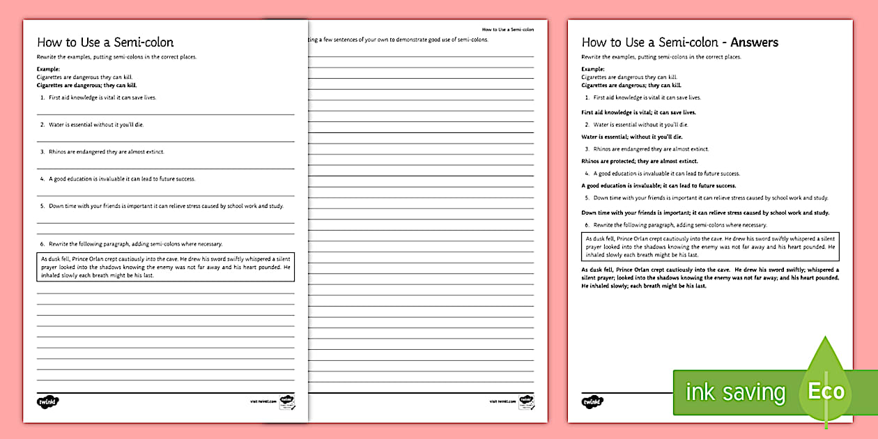 Semi Colons Worksheet / Worksheet (teacher made) - Twinkl