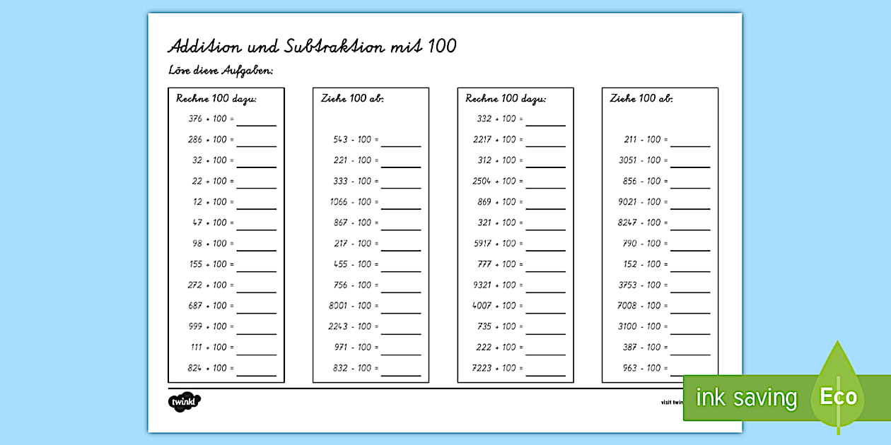 Addition und Subtraktion über 100 Arbeitsblatt - Twinkl