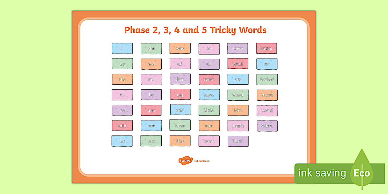 Phase 2, 3 4 and 5 Tricky Words on Pastel Bricks Word Mat