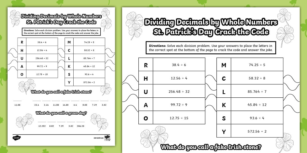 Sixth Grade Dividing Decimals by Whole Numbers St. Patrick’s Day Crack the