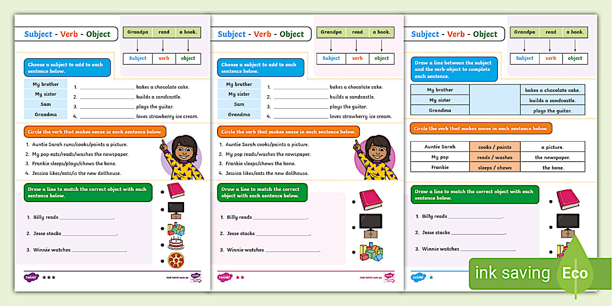 Subject-Verb-Object Worksheets | F-2 Grammar Tasks | Twinkl