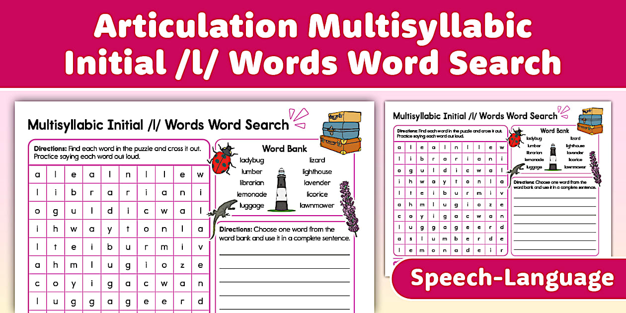Articulation Multisyllabic Initial /l/ Words Word Search