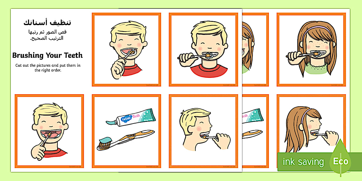 Brushing Your Teeth Sequencing Cards Arabic/English - Brushing Your Teeth