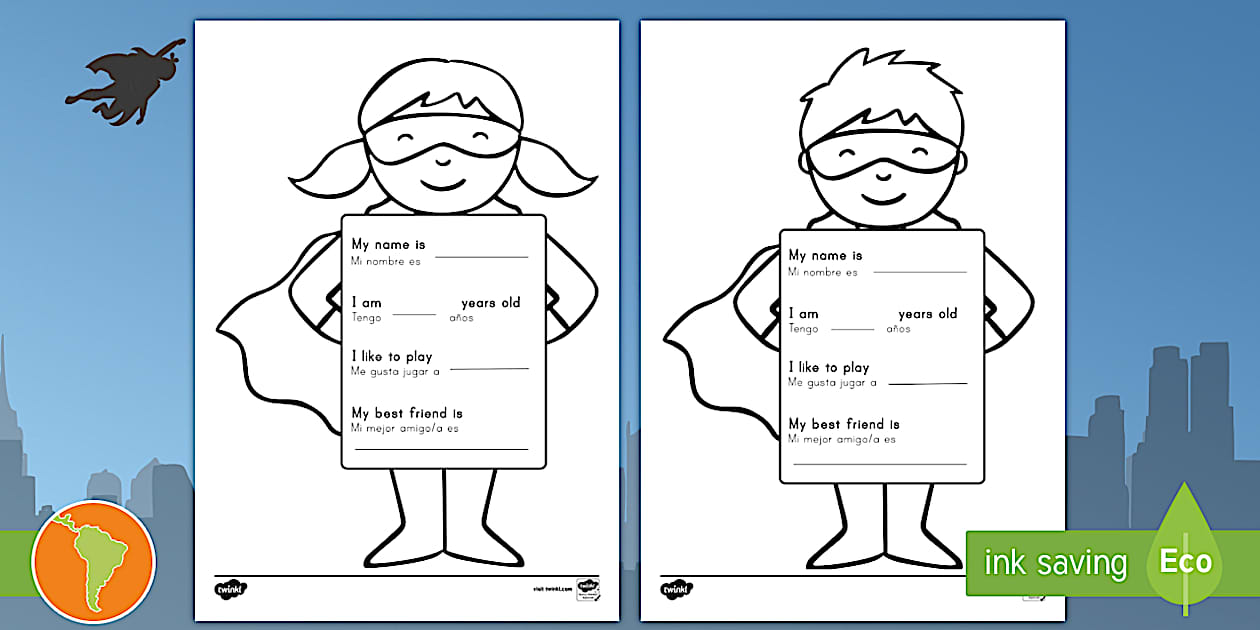 All About Me Superhero Writing Activity English/Spanish- Guía de trabajo
