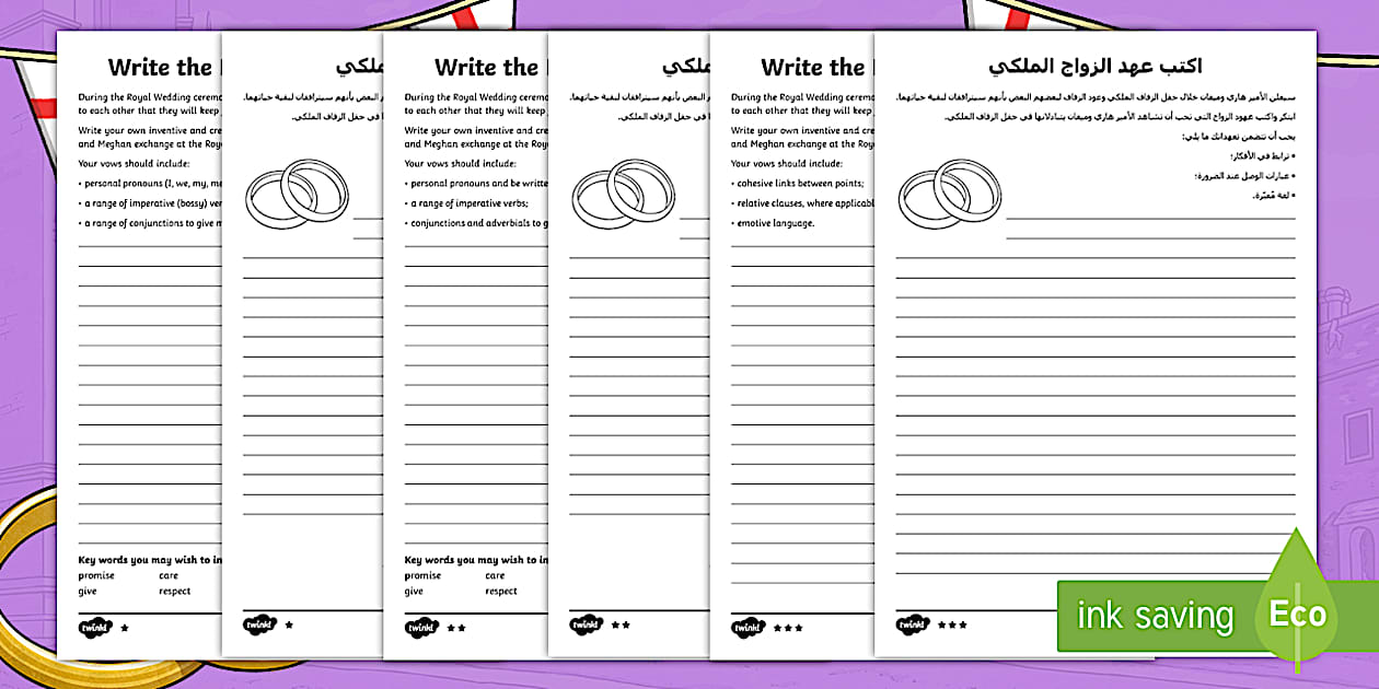 KS2 Write the Royal Wedding Vows Differentiated Worksheets - Arabic/English