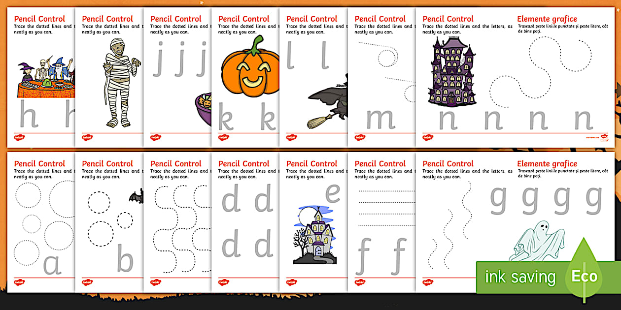 Halloween Pencil Control Worksheet / Worksheets English/Romanian