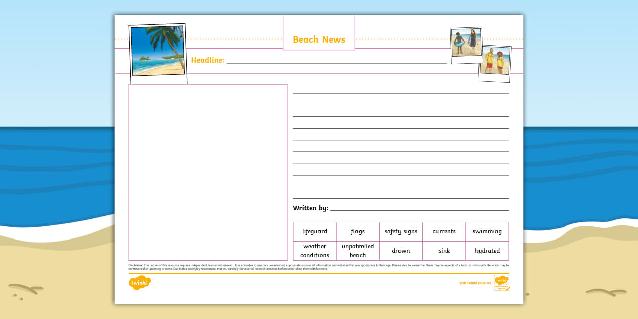 Beach Newspaper Writing Template (teacher made) - Twinkl
