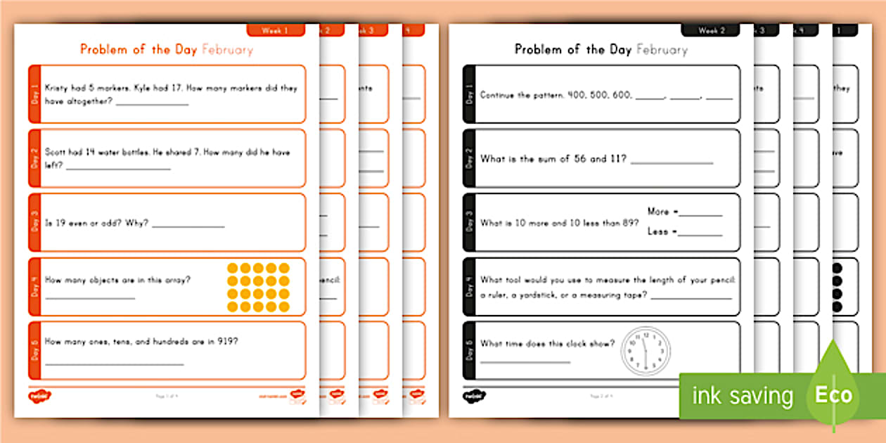 Second Grade Math Problem of the Day - February Activity Worksheet