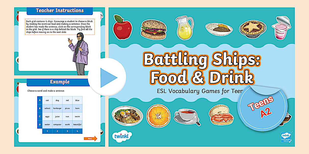 ESL Battling Ship Game: Food and Drink [Teens, A2] - Twinkl