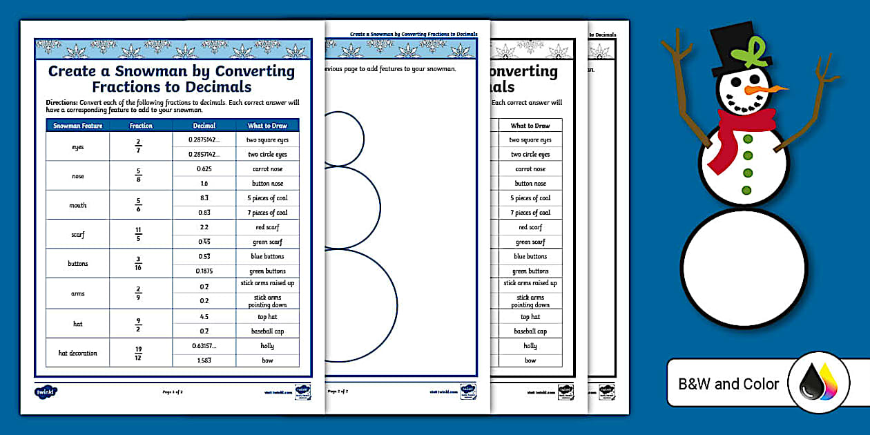 Eighth Grade Create a Snowman by Converting Fractions to Decimals