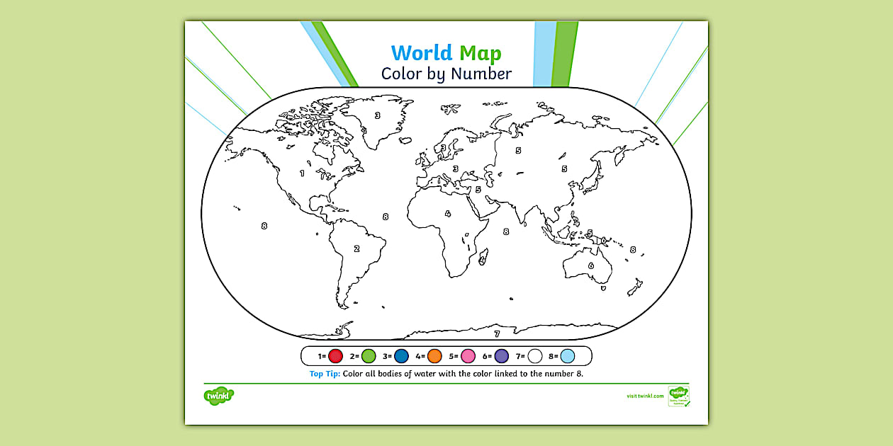 World Map Continents Color by Number Worksheet - Twinkl