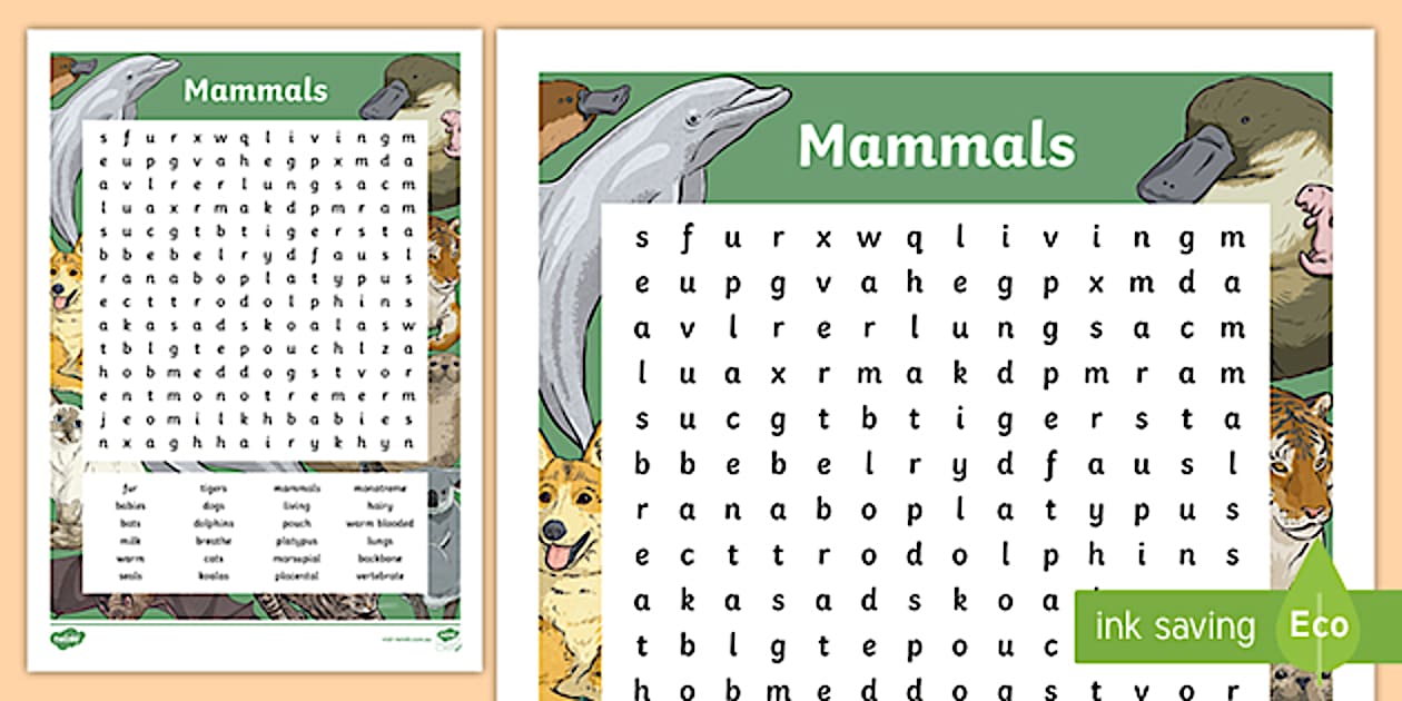 Black and White Australian Animals Years 3-6 Mammals Word Search