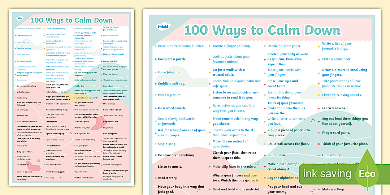 100 Ways to Calm Down Poster - Wellbeing - Twinkl