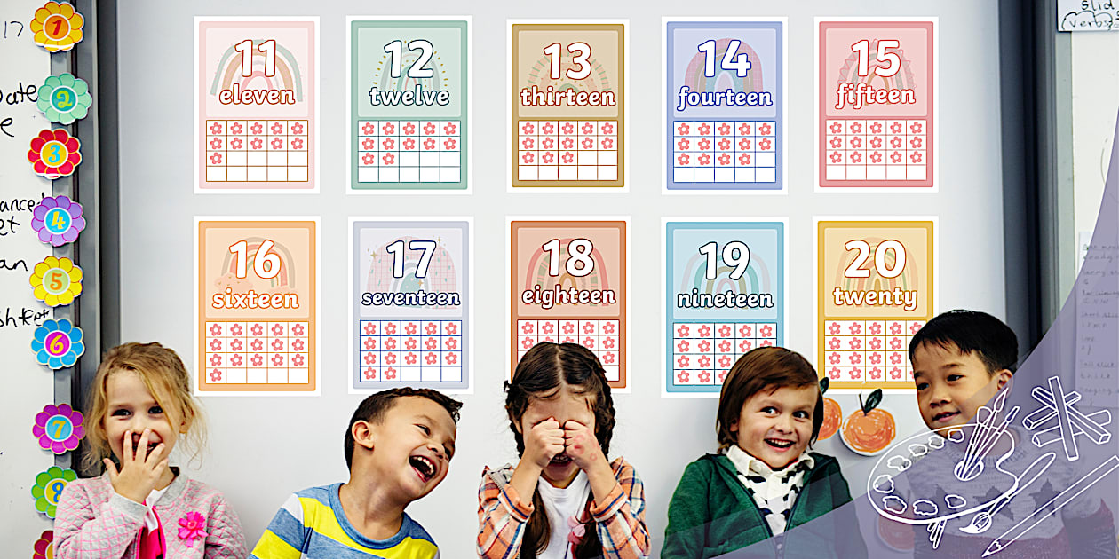 Numbers 11-20 Ten-Frames Muted Rainbow-Themed Posters Pack