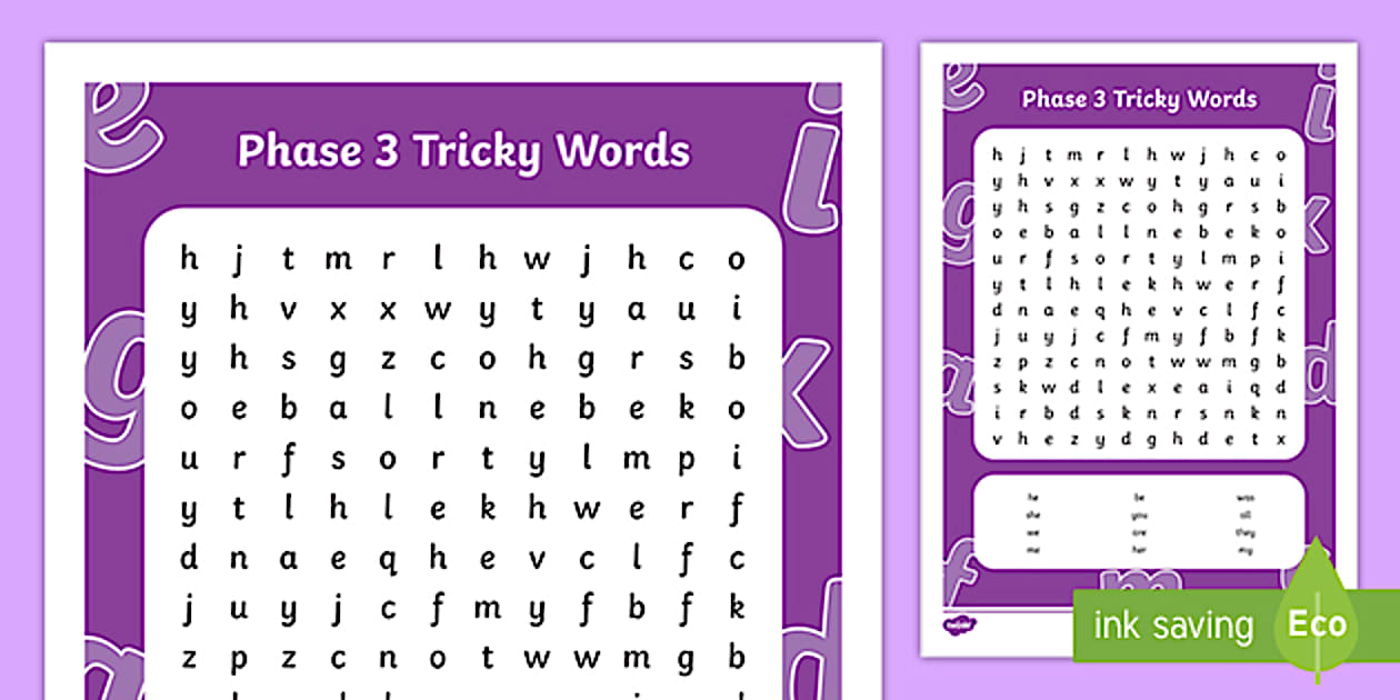 Black and White Phase 3 Tricky Words Word Search - Twinkl