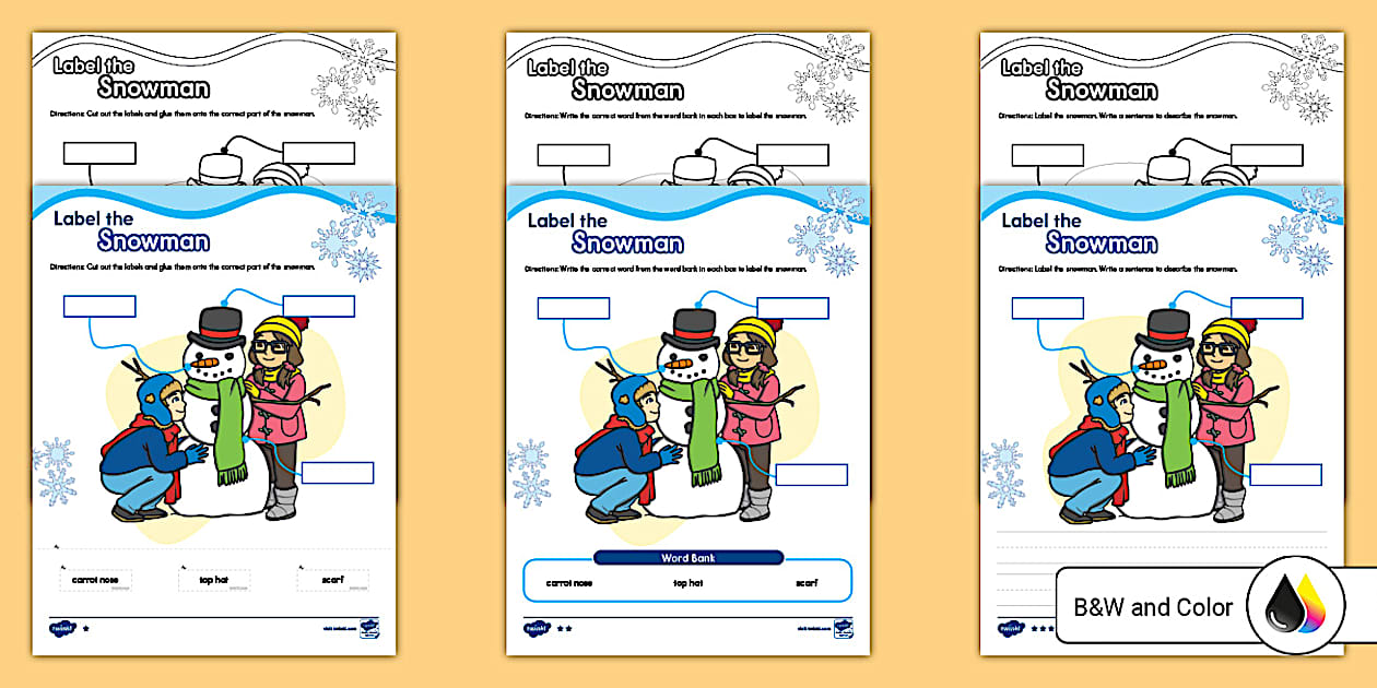 Early Childhood Label the Snowman Differentiated Cut and Paste Worksheet