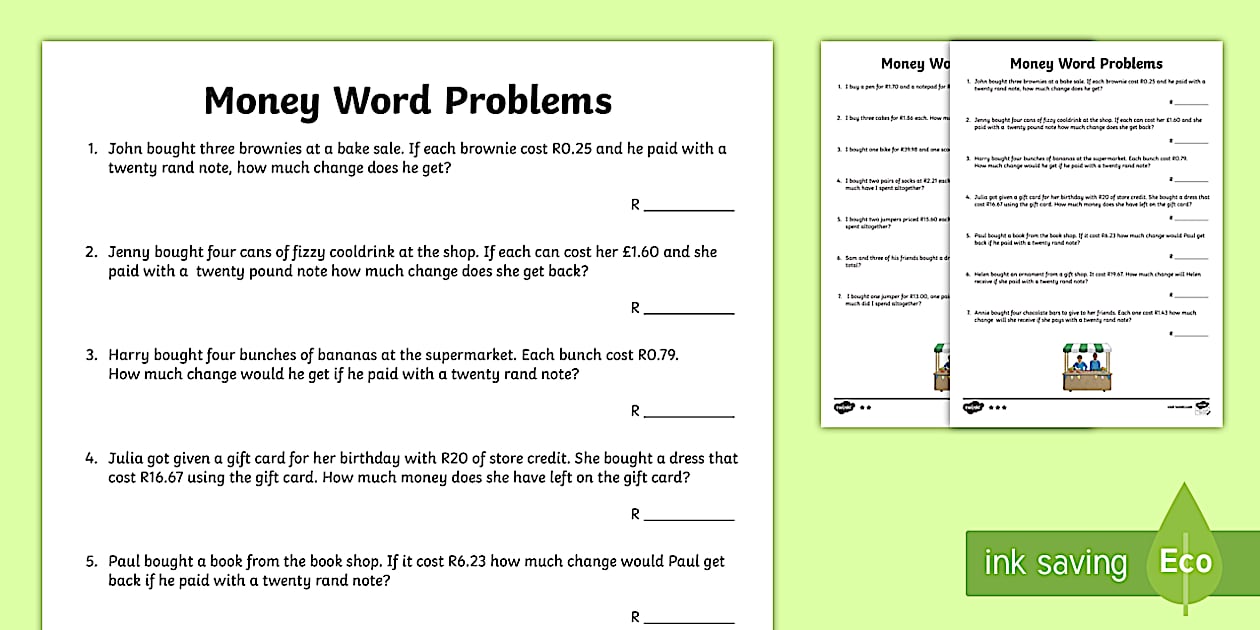 Editable Money Word Problems South Africa Activity - Twinkl
