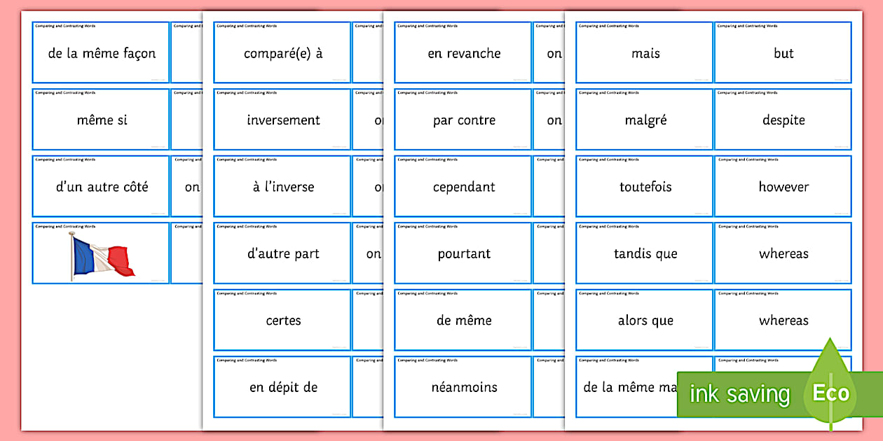 Black and White Comparing and Contrasting Word Cards French
