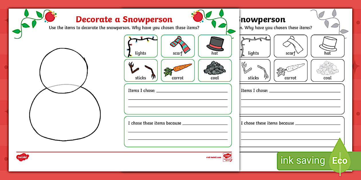 Decorate a Snowperson Worksheet (Teacher-Made) - Twinkl