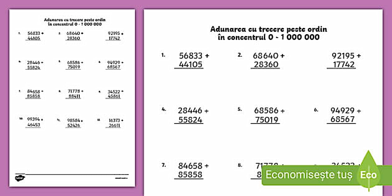 Adunarea cu trecere peste ordin în concentrul 0 - 1 000 000