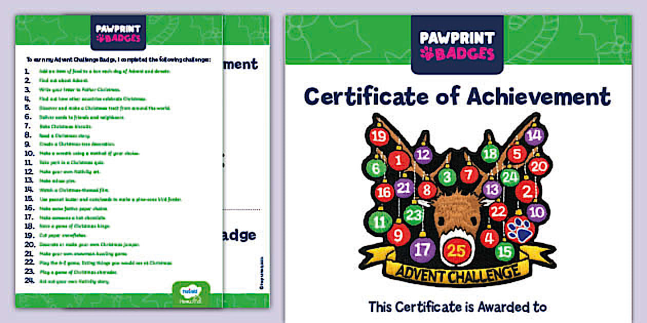 Advent Challenge Completion Certificate (teacher made)